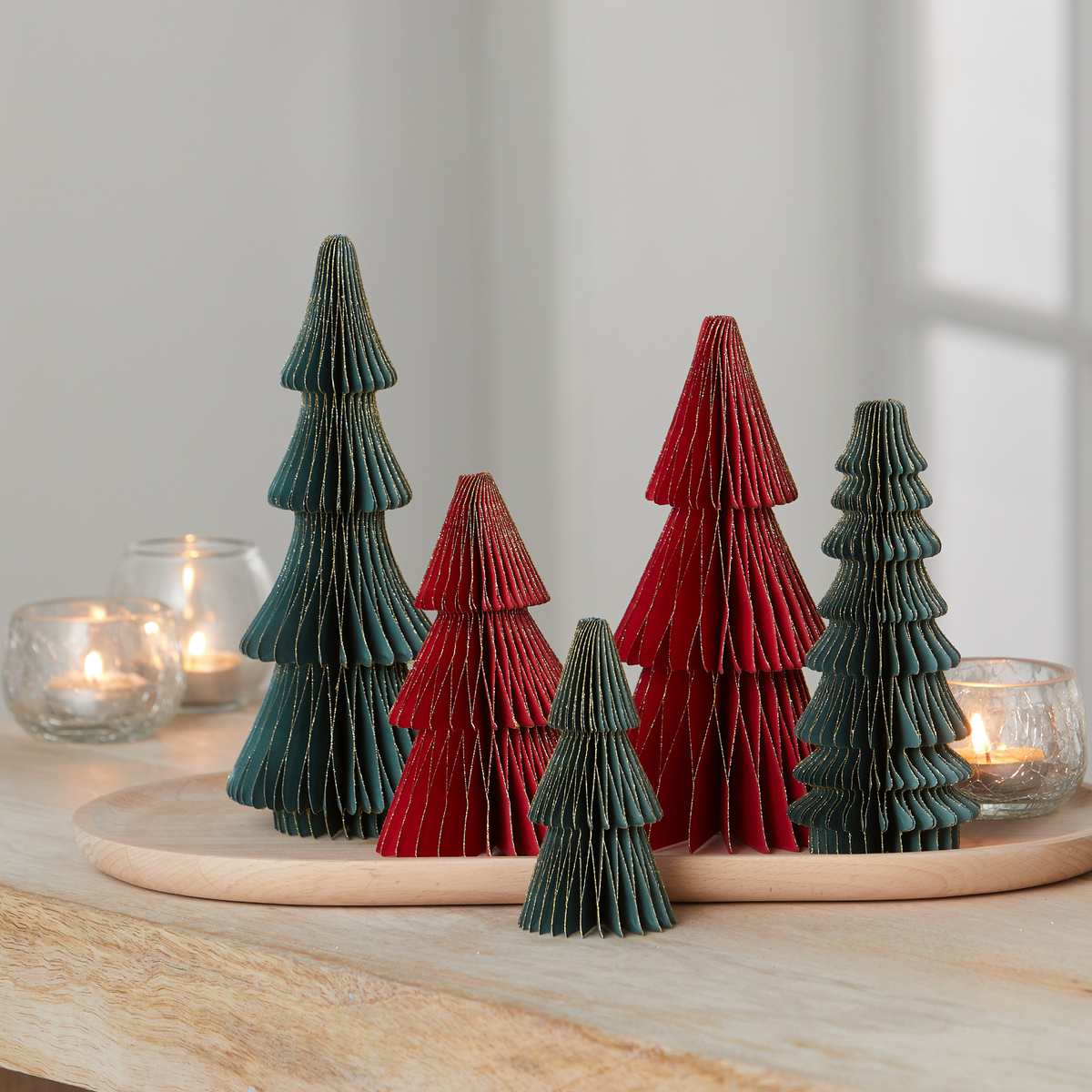 Honeycomb paper tree set of 5 Classic, gold glitter edging for festive ...