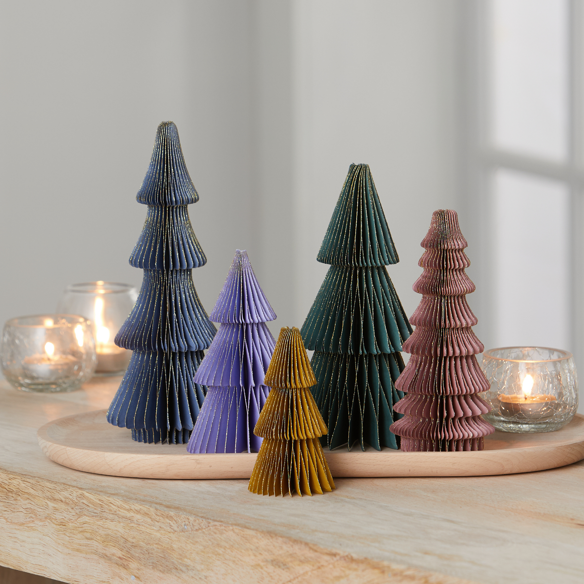 Honeycomb paper tree set of 5 Rainbow, gold glitter edging for festive ...
