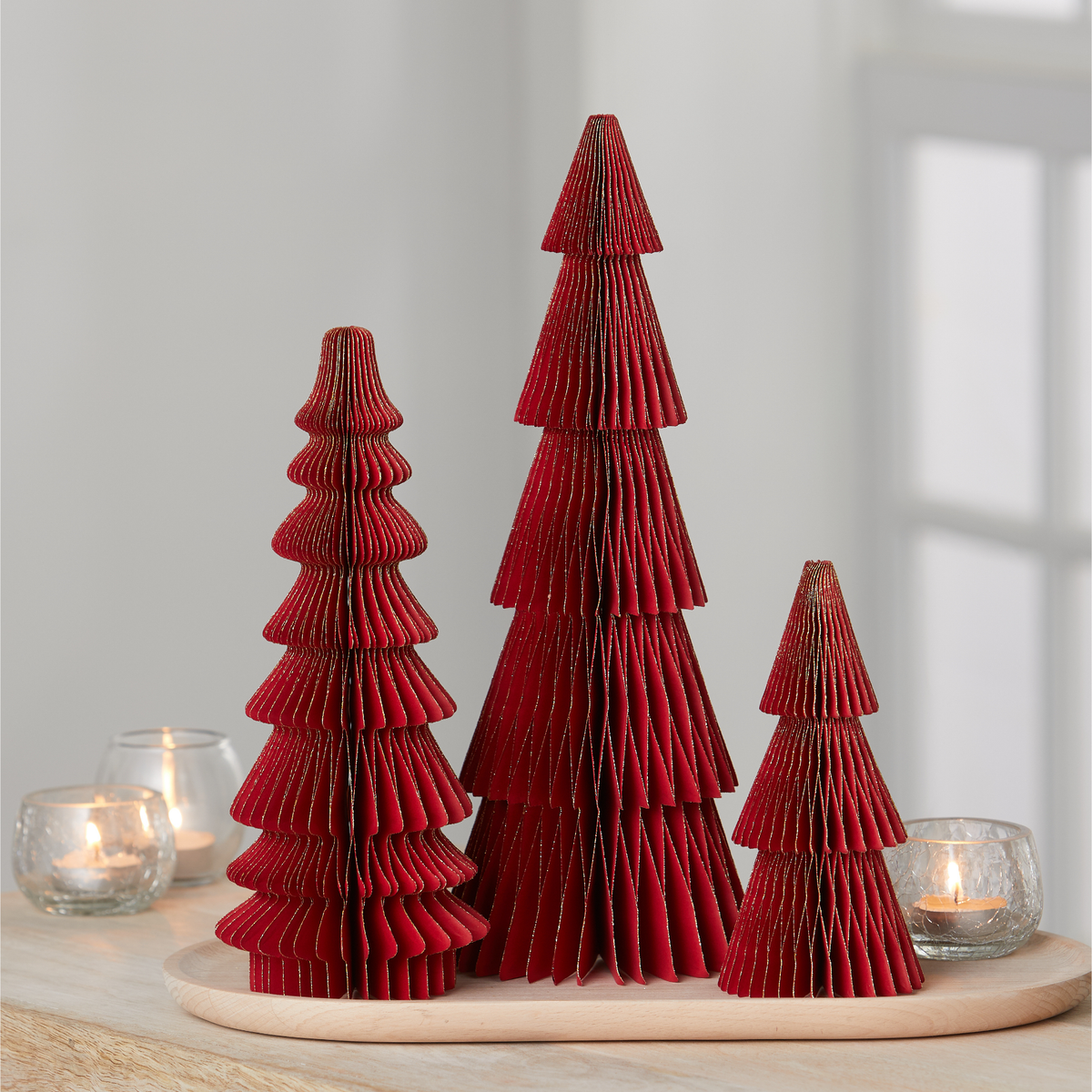 Honeycomb paper tree set of 3 Red, gold glitter edging for festive cha ...