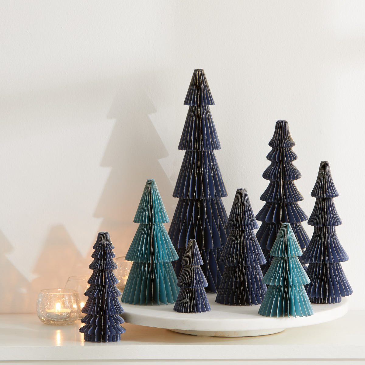 Honeycomb paper tree set of 8 Blue Christmas, gold glitter edging eleg ...