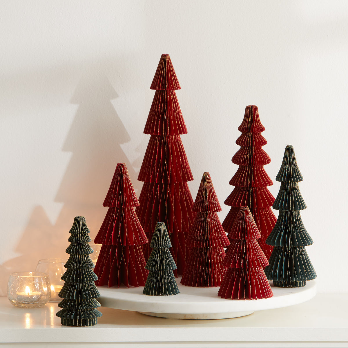 Honeycomb paper tree set of 8 Classic Christmas, gold glitter edging e ...