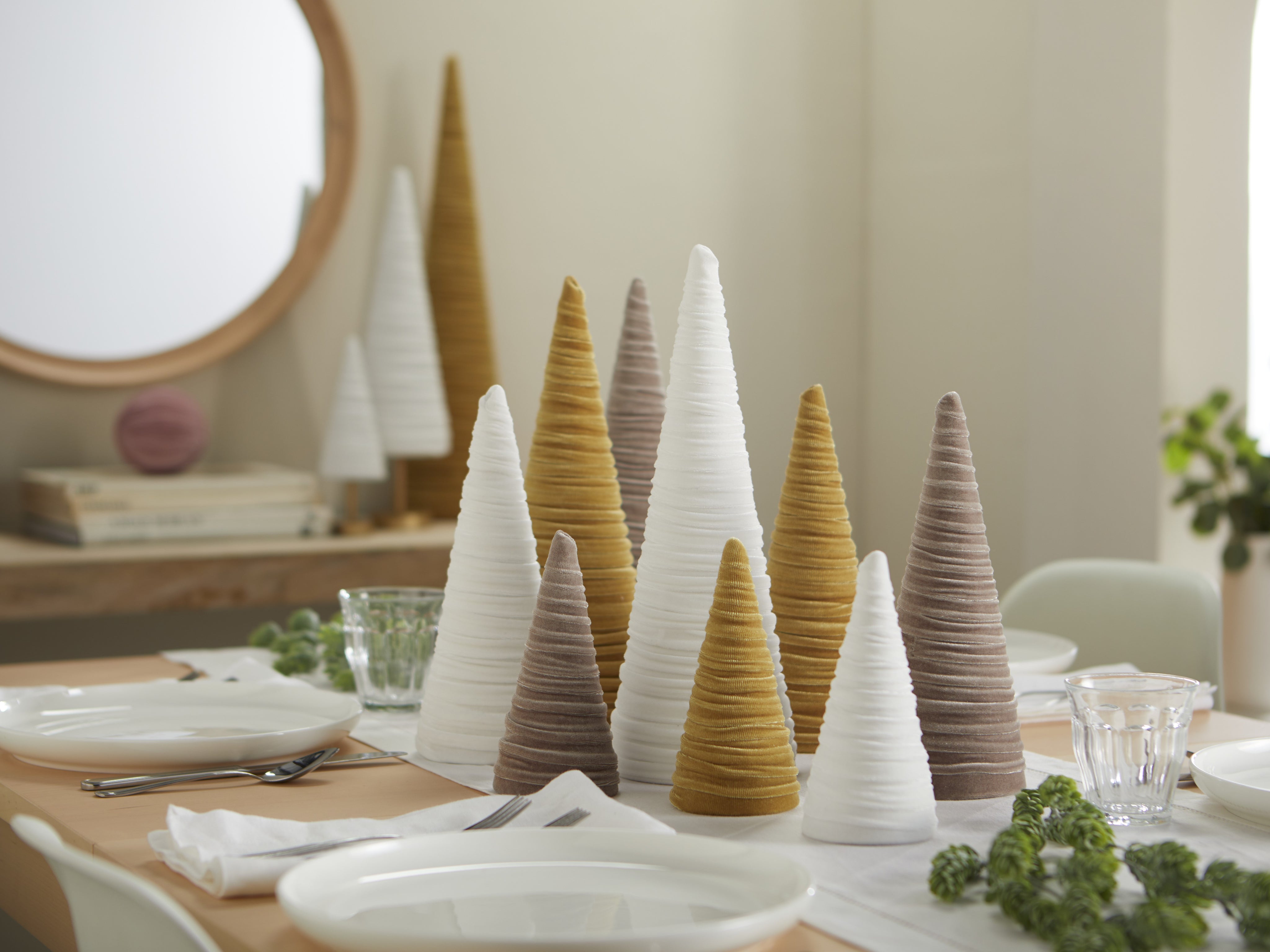 Velvet Cones Set of 3, your color choice, mantel decor, holiday center ...