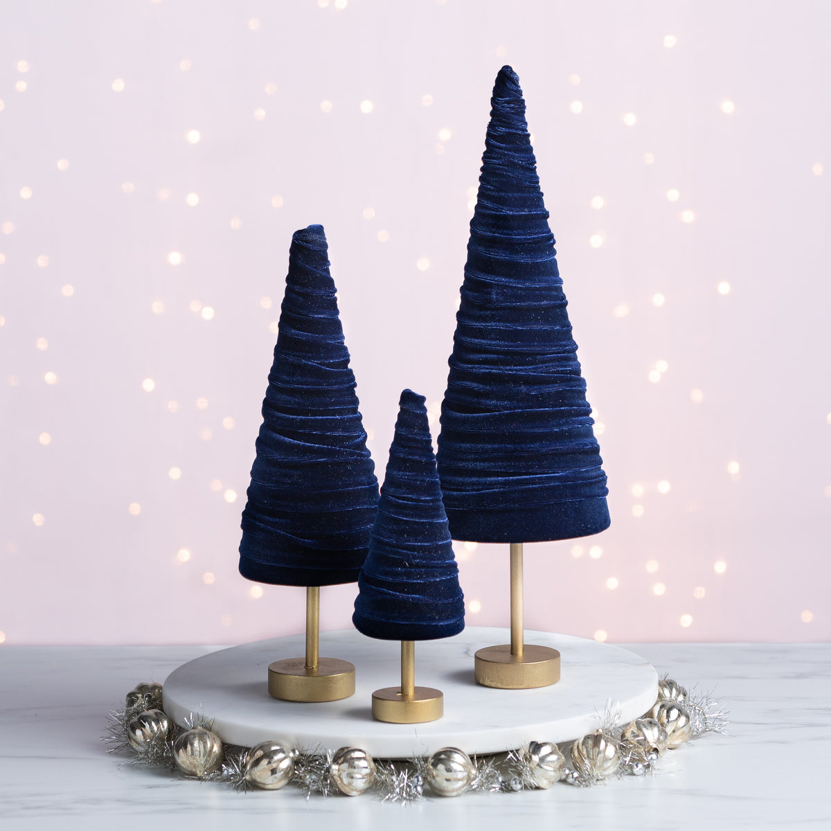 Velvet Trees- Set of 3 Navy Pedestal, Minimalist Mantel Décor, Wedding ...